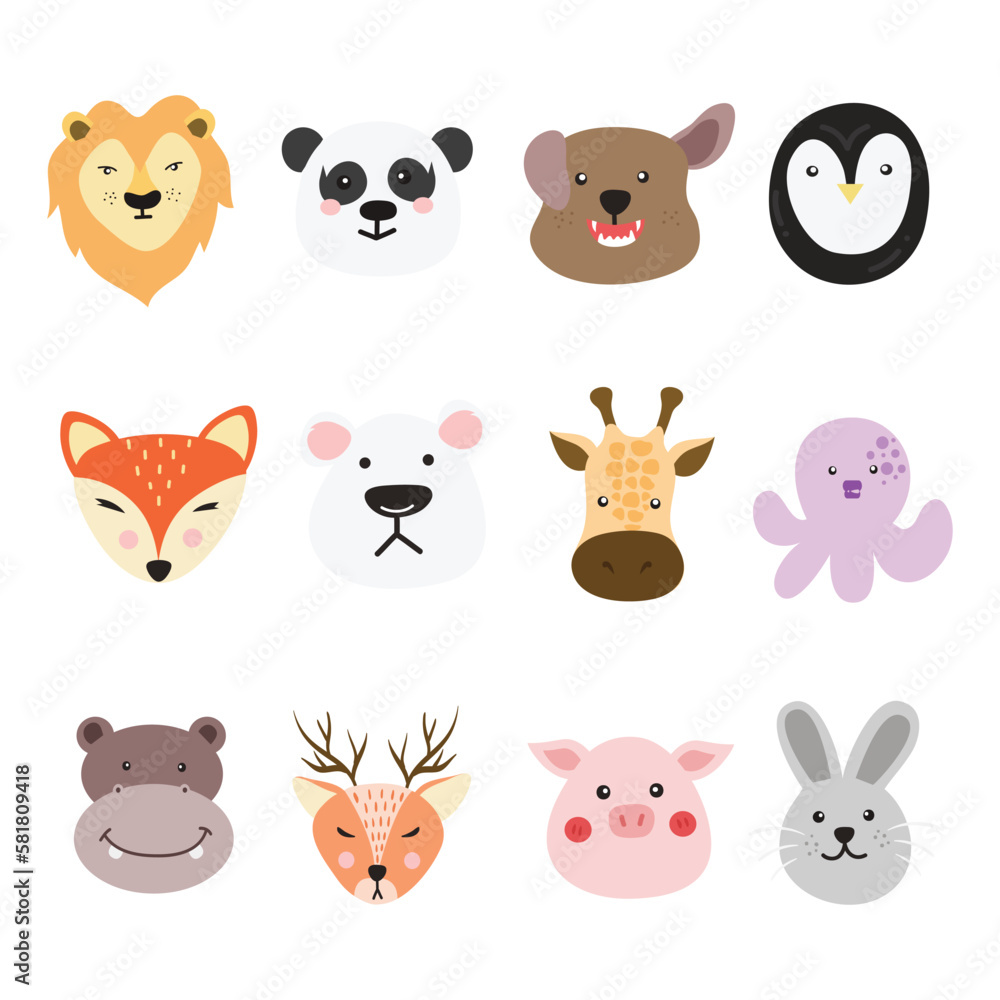 Cute Baby Animal Face Illustration. Exotic and cute animal face ...