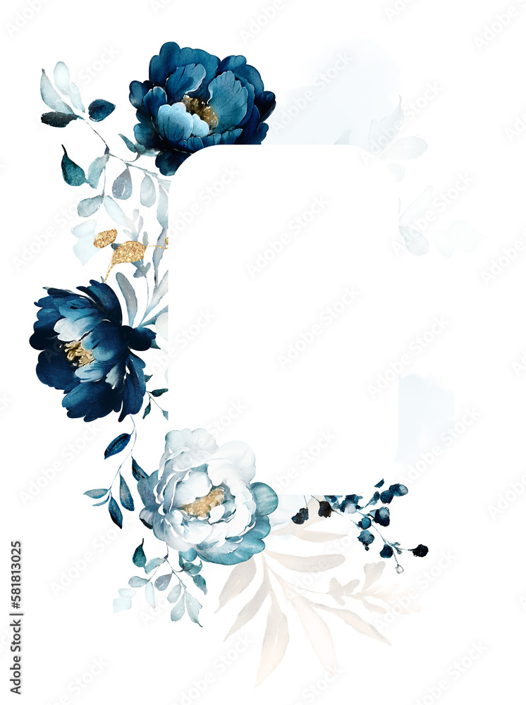 frame with blue flowers, navy blue design watercolor, peonies, roses ...