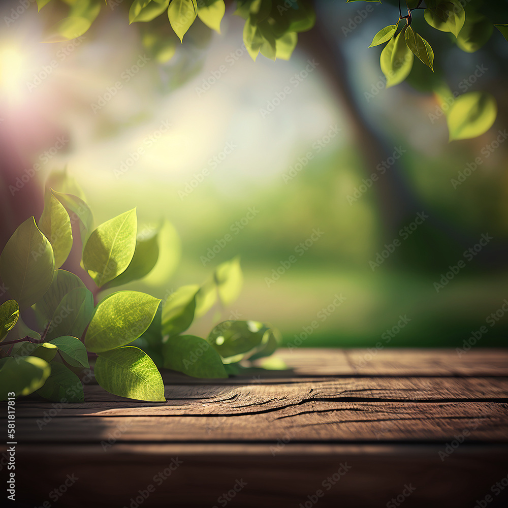 Beautiful spring background with green foliage and empty wooden table ...