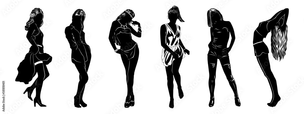 Sexy Girls Silhouettes Set Isolated On White Dancing Posing Running Vector Cliparts Stock