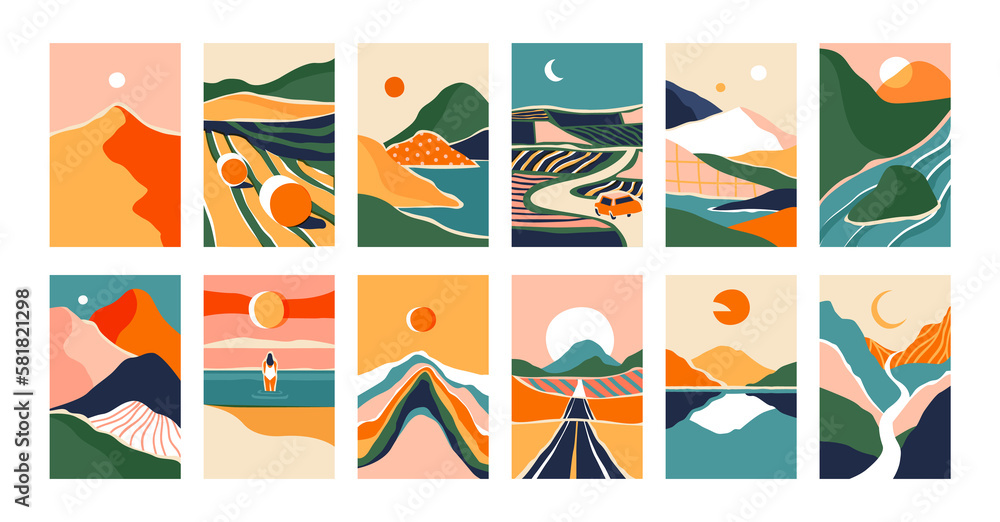 Big set of abstract mountain landscape banner collection. Trendy flat ...