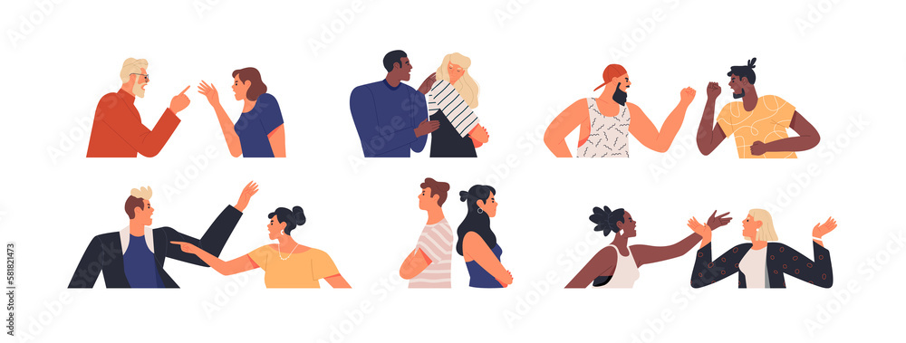 Diverse set of angry people having an argument or heated discussion ...