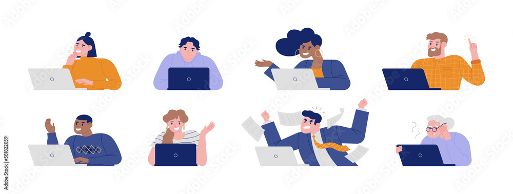 Big set of diverse people using laptop computer from home. Modern flat ...