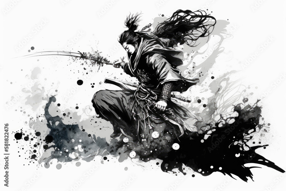 Sumi-e samurai wielding a sword, Generative AI ilustración de Stock ...