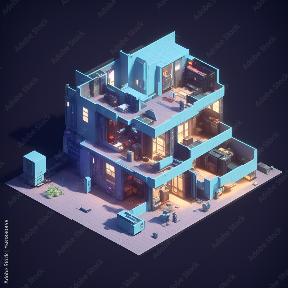 Illustration of cyberpunk graphic isometric view of a two-story house ...