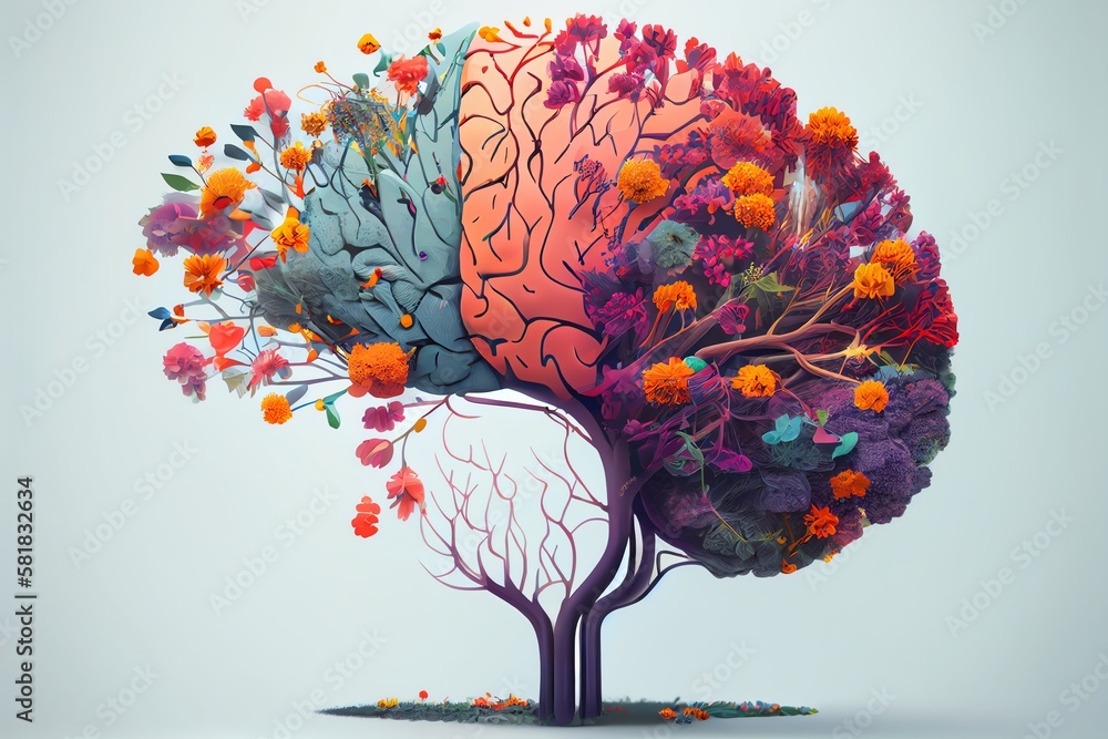 Human Brain Tree With Flowers, Self Care And Mental Health Concept ...