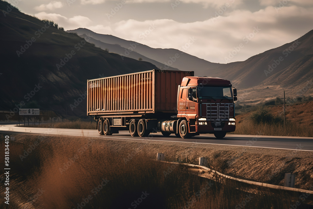 Truck transporting a shipping container on the road Stock Illustration ...