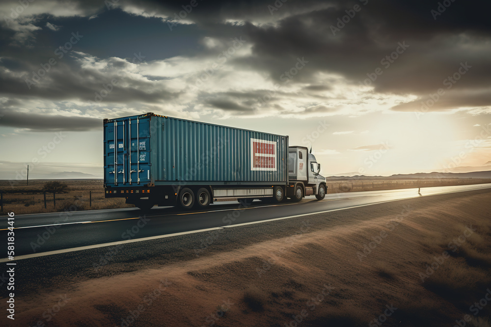 Truck transporting a shipping container on the road Stock Illustration ...