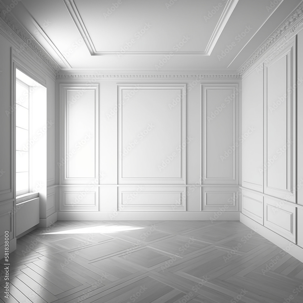 Blank empty white wall high ceiling with classic gypsum wall moulding ...