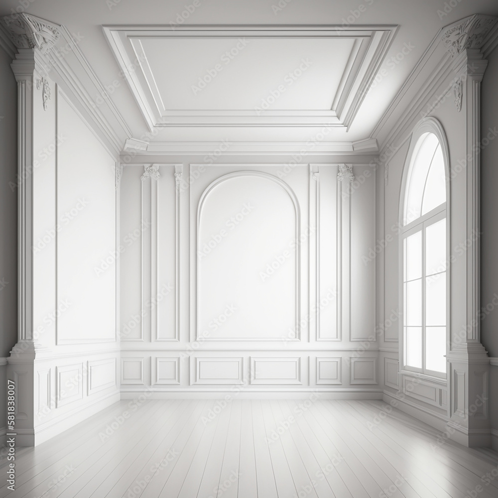 Blank empty white wall high ceiling with classic gypsum wall moulding ...