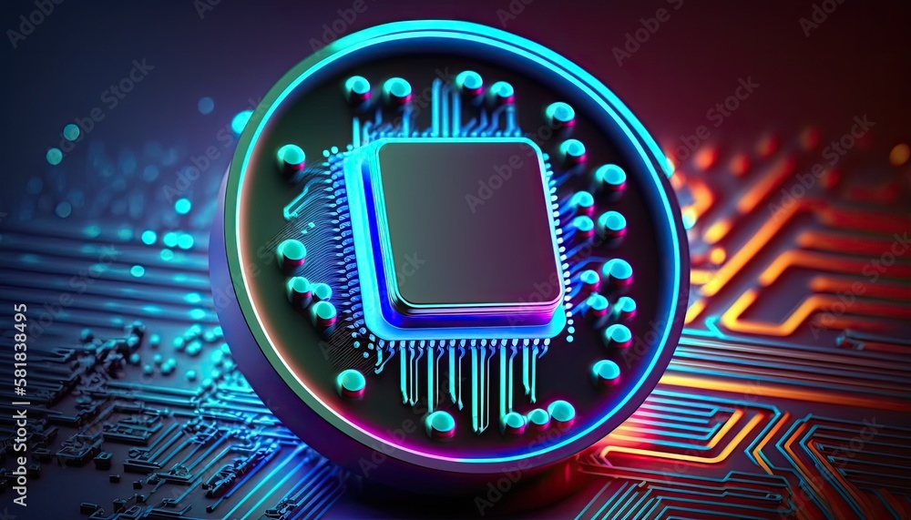 Futuristic modern new computer processor chip colorful neon glowing ...