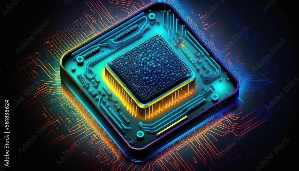Futuristic modern new computer processor chip colorful neon glowing ...