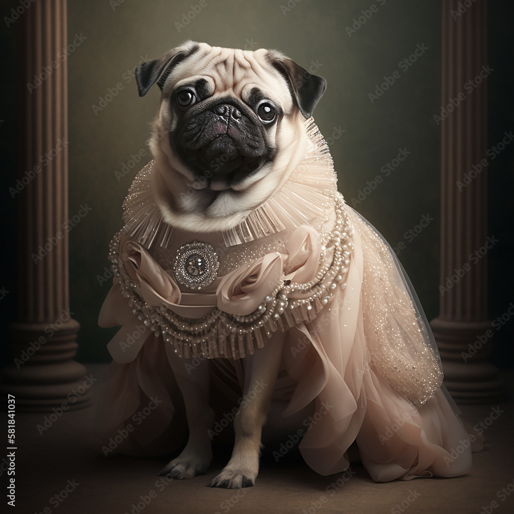 Realistic lifelike glam pug pup dog doggy in black tie cocktail dress ...