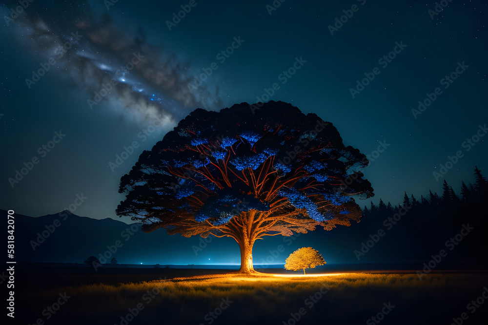 small tree glows at night under a big tree. generative ai Stock ...