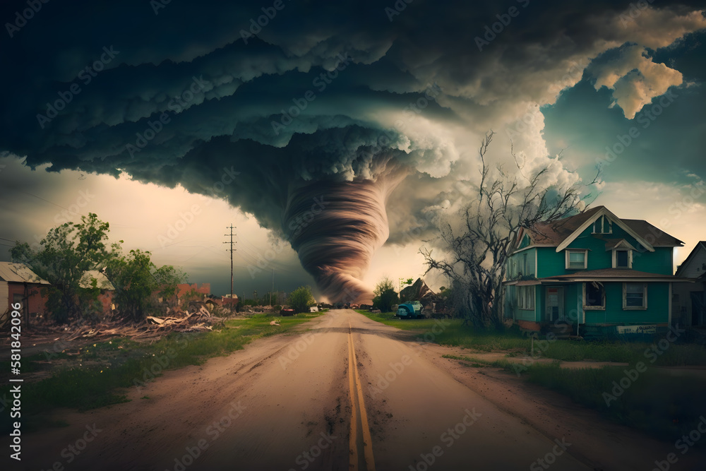 Residential building in a rural area, in bad stormy weather during a ...