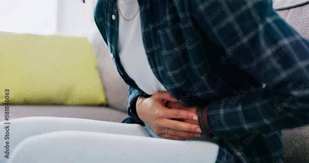 Sick woman, stomach pain and hands on abdomen for ibs, stress and ...
