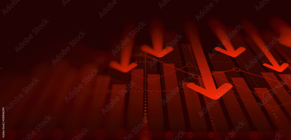 Business chart with moving down arrow graph in bear stock market on red ...