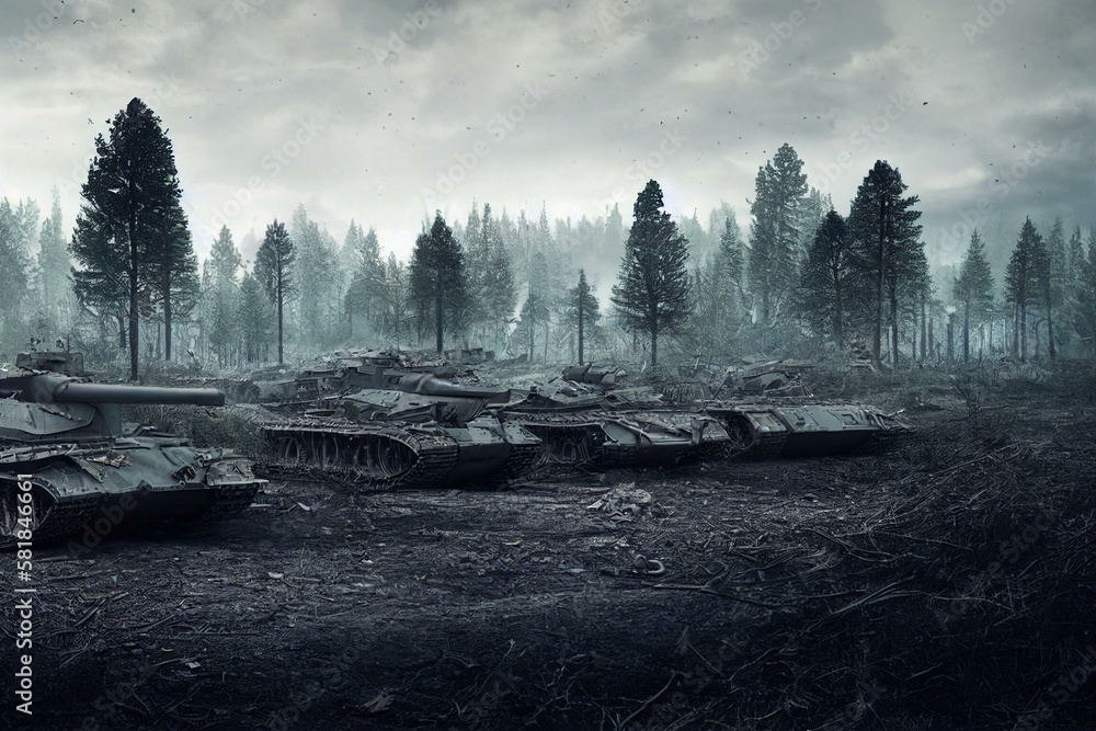 Military tanks and dead trees of a devastated war. Generative AI Stock ...