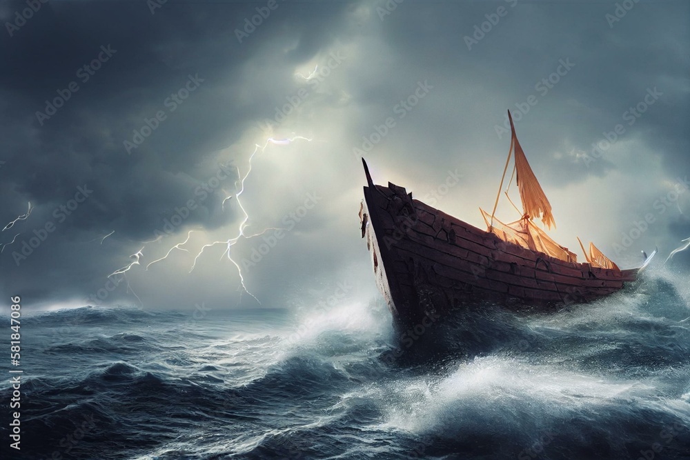 Noah's Ark in a Stormy Sea An Illustrated Bible Story of Faith. Generative AI Stock Illustration ...