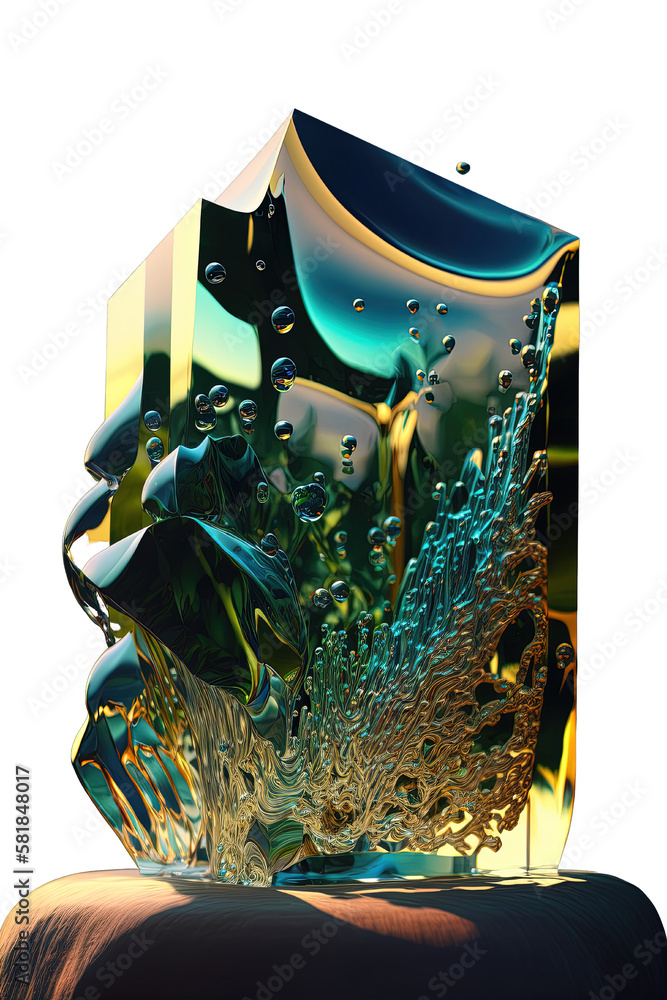 Abstract fluid glass sculpture in blue, green, and gold, isolated with ...