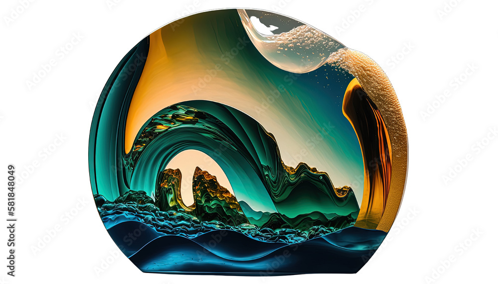 Abstract fluid glass sculpture in blue, green, and gold, isolated with ...