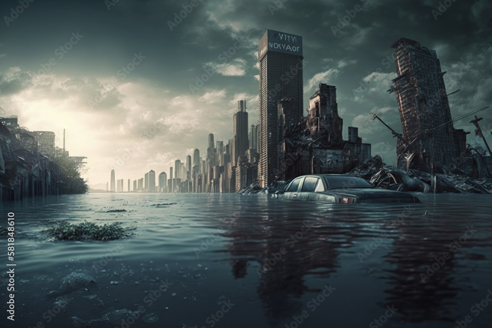 Illustration of city destroyed and flooded by sea water, concept of ...