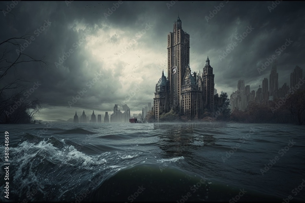 Illustration of city destroyed and flooded by sea water, concept of ...