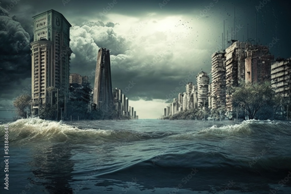 Illustration of city destroyed and flooded by sea water, concept of ...
