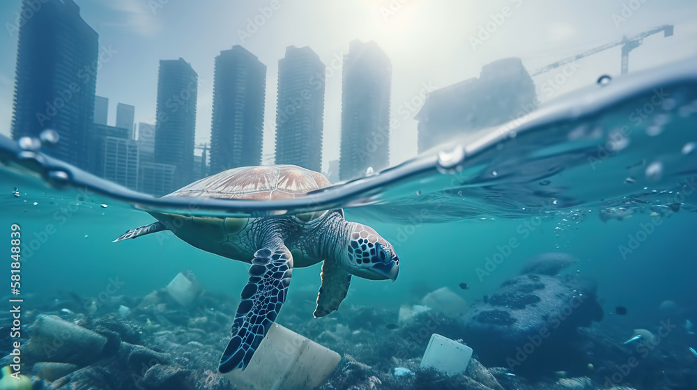 Turtle in polluted water. Ecological concept, pollution problem. Based ...