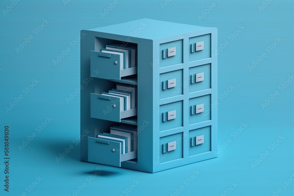 Blue file cabinet illustration, file storage concept, blue background ...