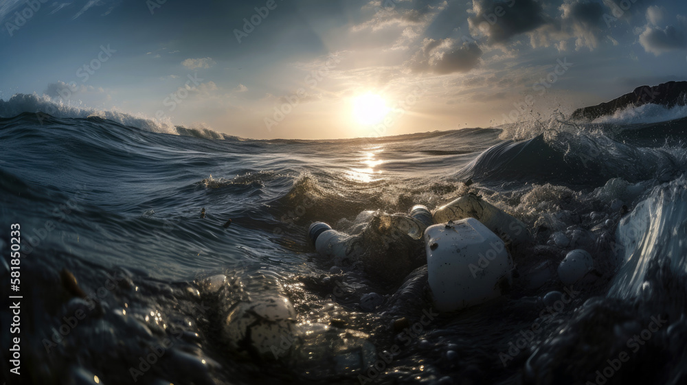 Shoreline Pollution Crisis, Haunting Ocean Plastic Scene (created with ...