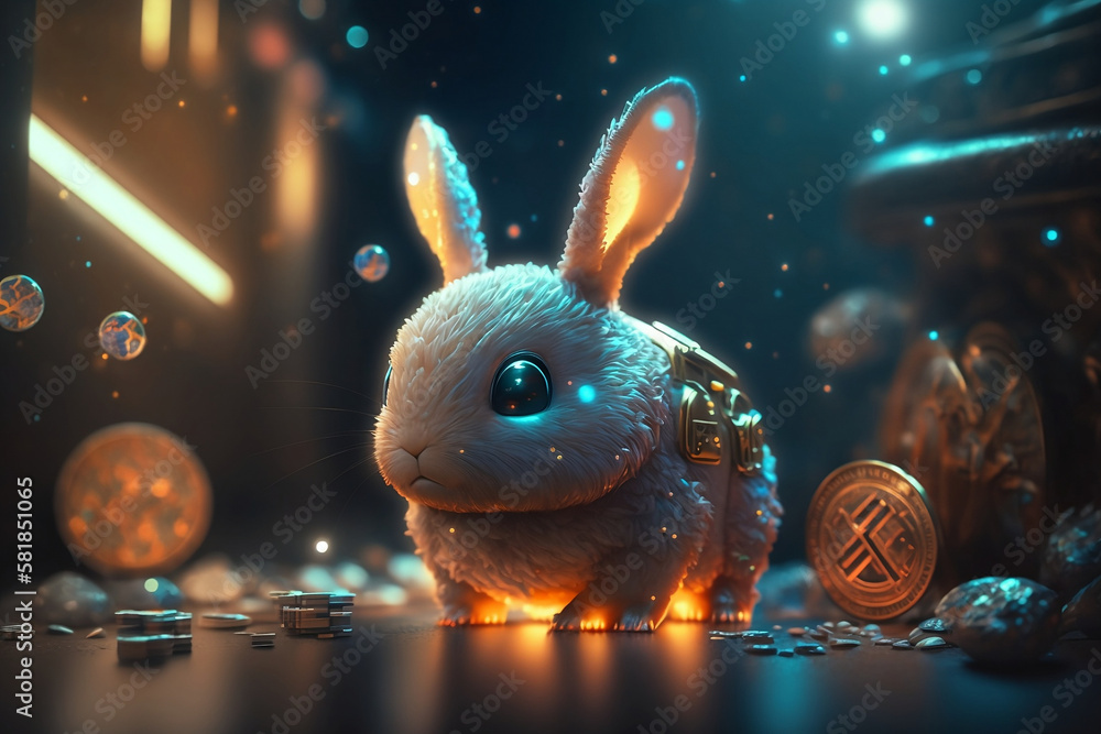 Little cute glowing bunny rabbit surrounded by gold metal crypto token ...