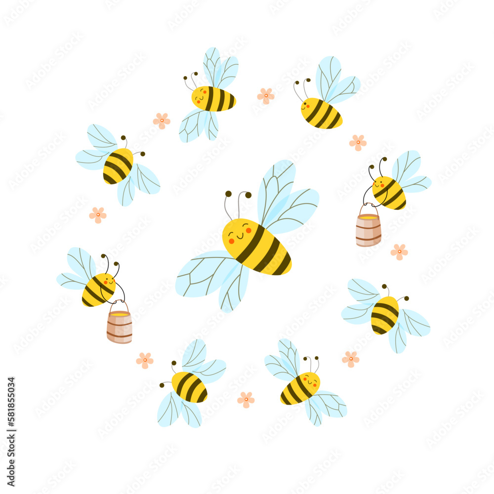 Set of cute bees with funny faces, carrying barrels of honey. Bee swarm ...