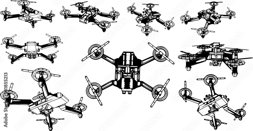 Et Of 3d Drone Silhouettes From Various Perspectives Flying Drone