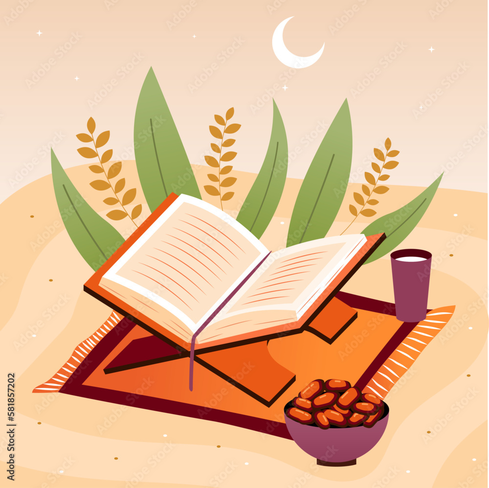 Time read quran in the desert landscape background with dates fruit and ...
