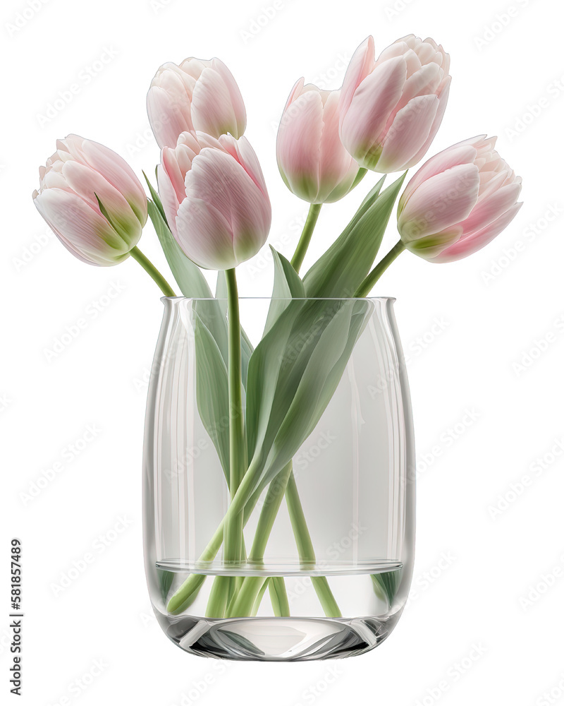 Simple glass vase with bouquet of pastel pink Spring tulip flowers ...