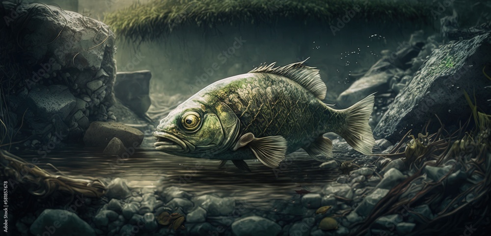 fish swimming in murky water surrounded by trash, pebbles, and algae ...