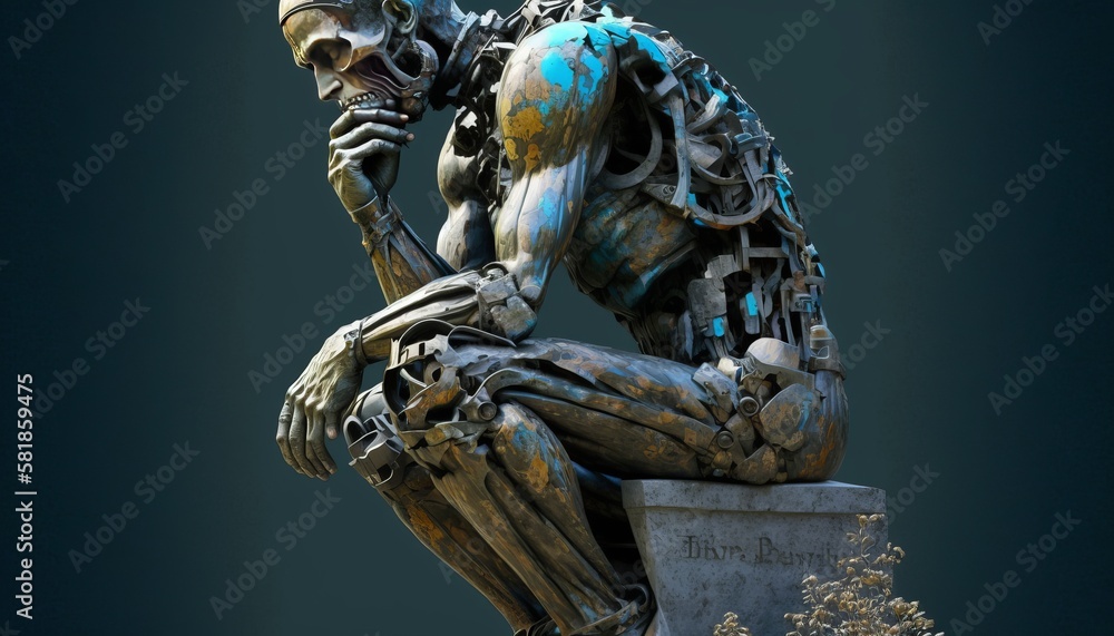 Half Man Half Machine, Thinking. Post-produced generative AI digital ...