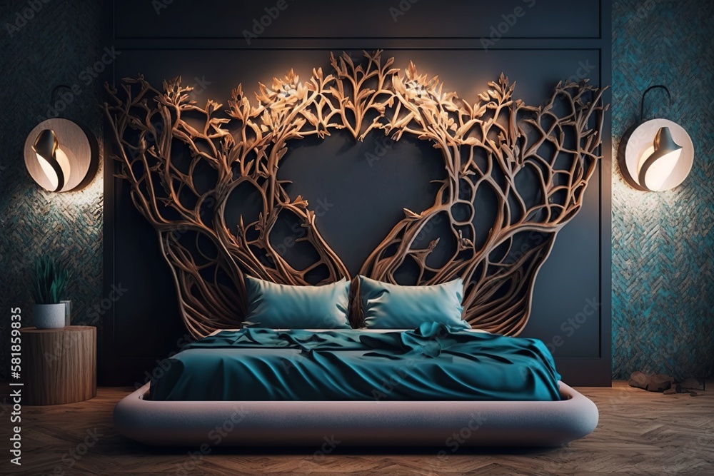 Bed with a unique headboard featuring an artful and unexpected design inspired by natural ...
