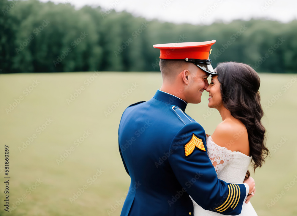 Candid wedding photo of a US Marine in formalwear with bride ...