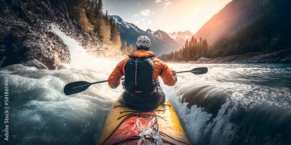 Concept banner extreme sport rafting, whitewater kayaking. Back view ...