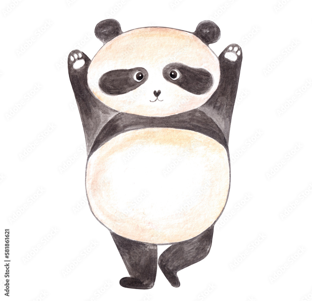 Watercolor hand drawn cute funny panda bear doing yoga. Yoga asanas ...