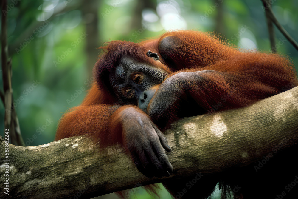 Sumatran orangutan (Pongo abelii) peacefully sleeping on a tree ...