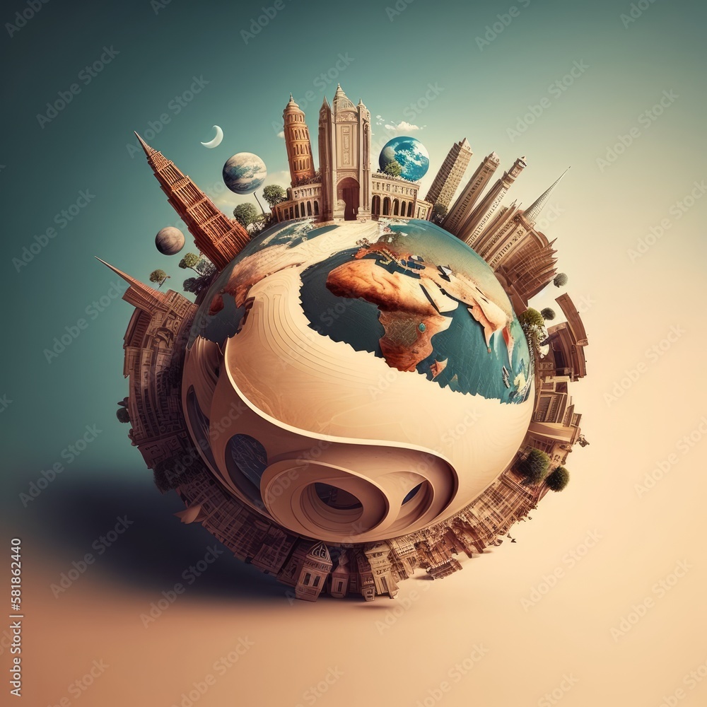little planet Earth with most known tourist landmarks like Eiffel Tower ...