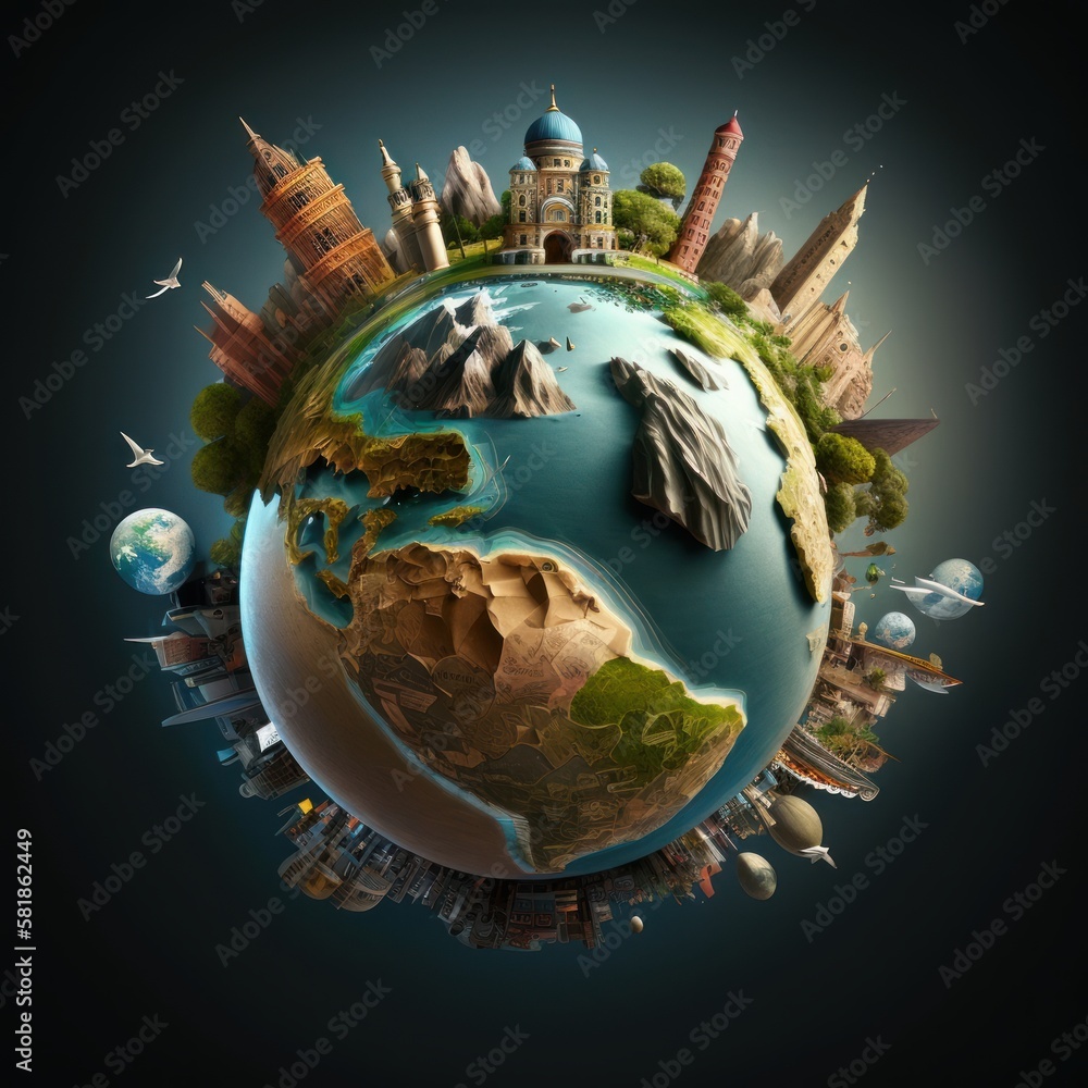little planet Earth with most known tourist landmarks like Eiffel Tower ...