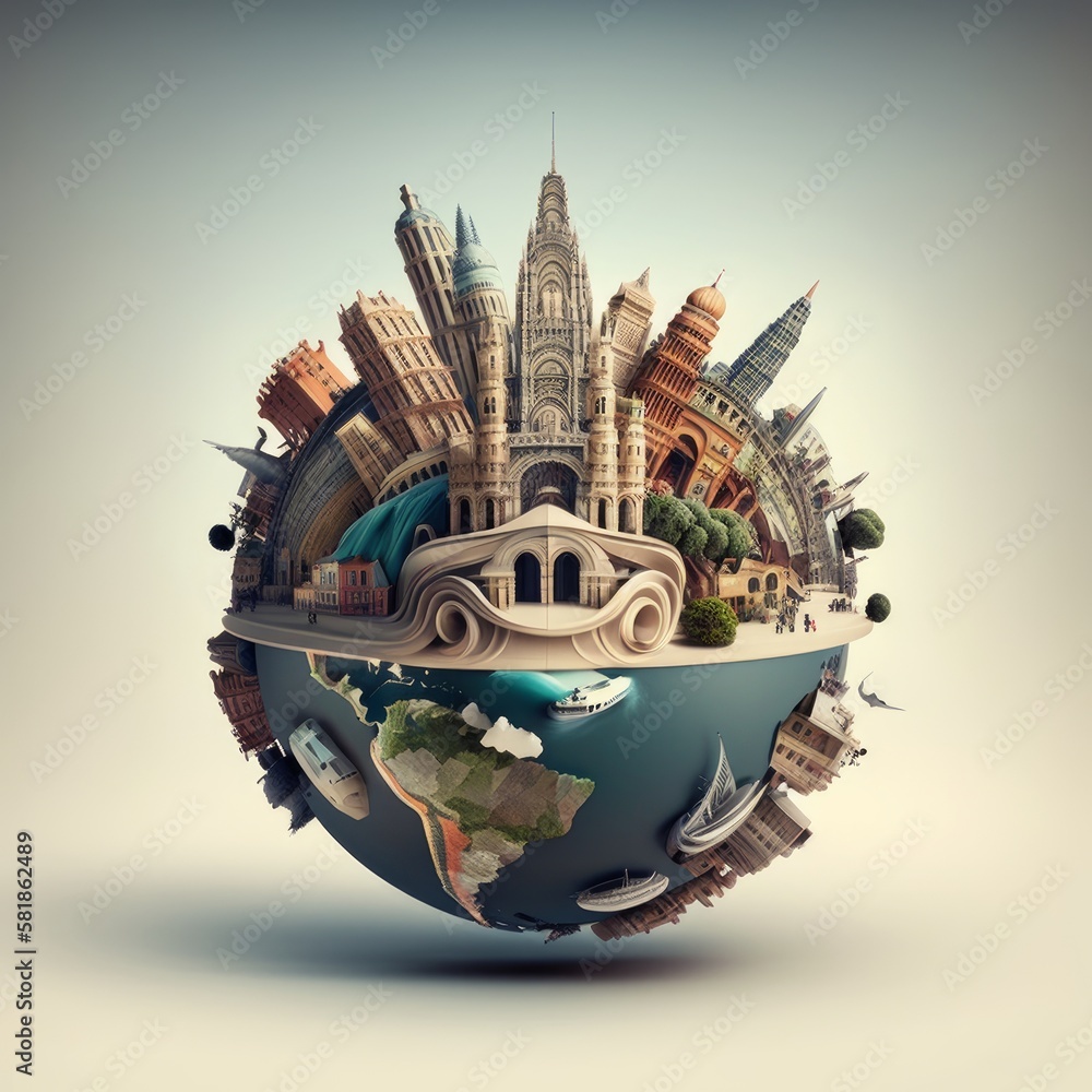 little planet Earth with most known tourist landmarks like Eiffel Tower ...