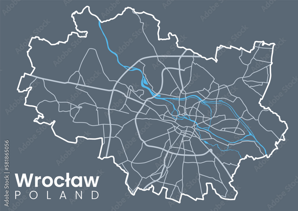 Urban Wroclaw map. Map of Wroclaw, Poland borders. Light stroke version ...