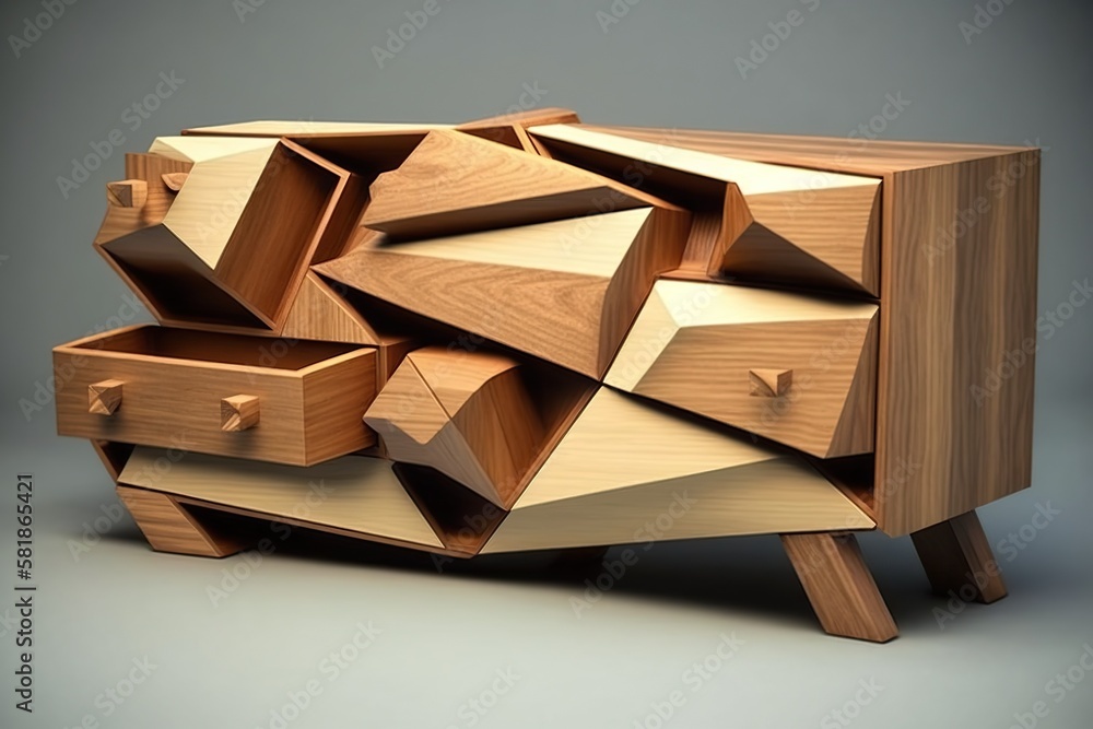 Dresser with a unique asymmetrical design featuring varied sizes of ...