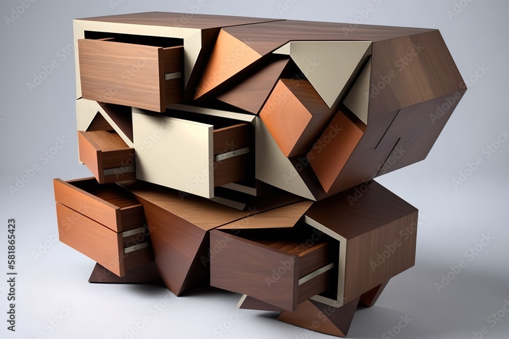 Dresser with a unique asymmetrical design featuring varied sizes of ...