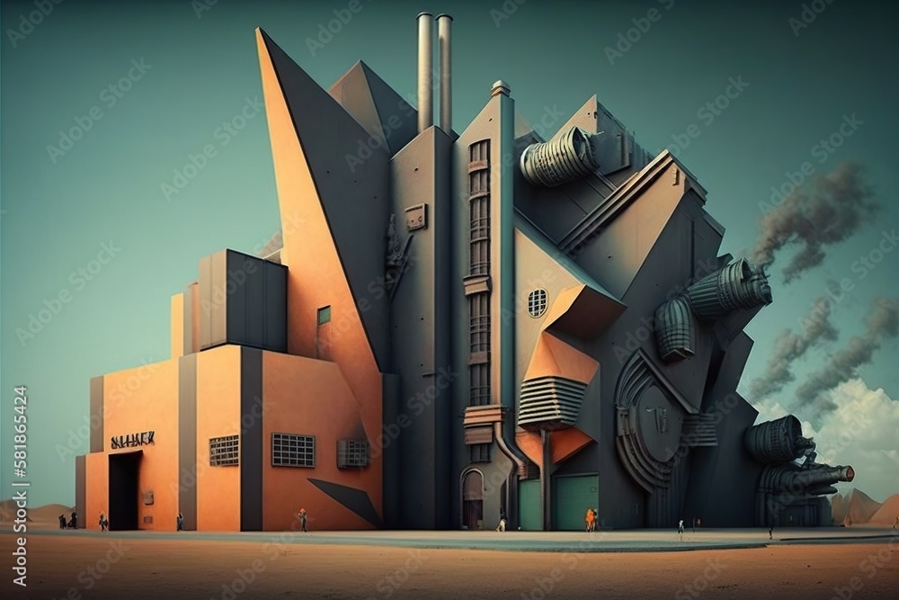 Factory building with a unique asymmetrical design featuring unusual ...